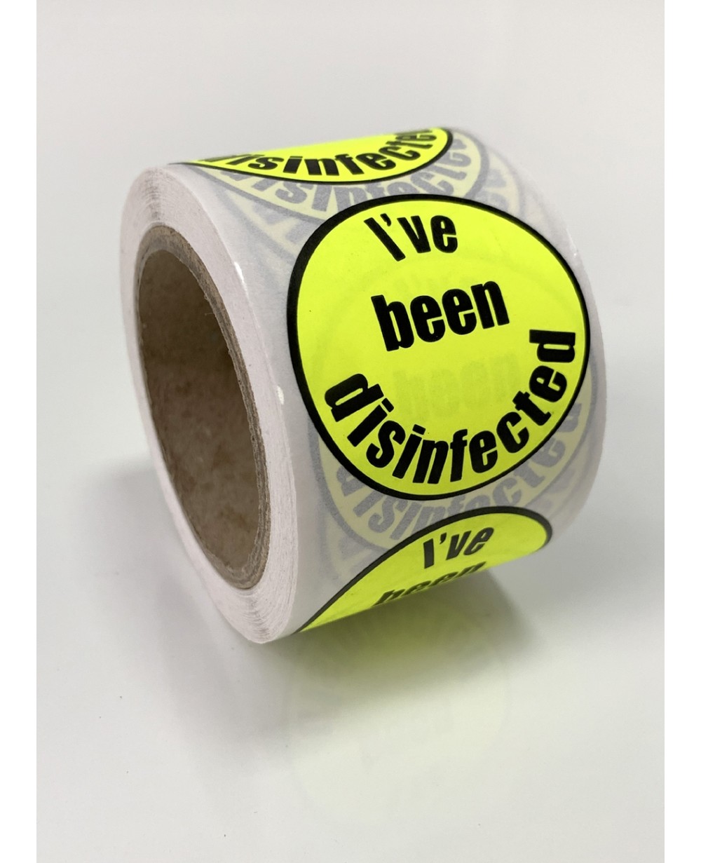 I've Been Disinfected - Neon Yellow Stickers / Labels - Roll of 250